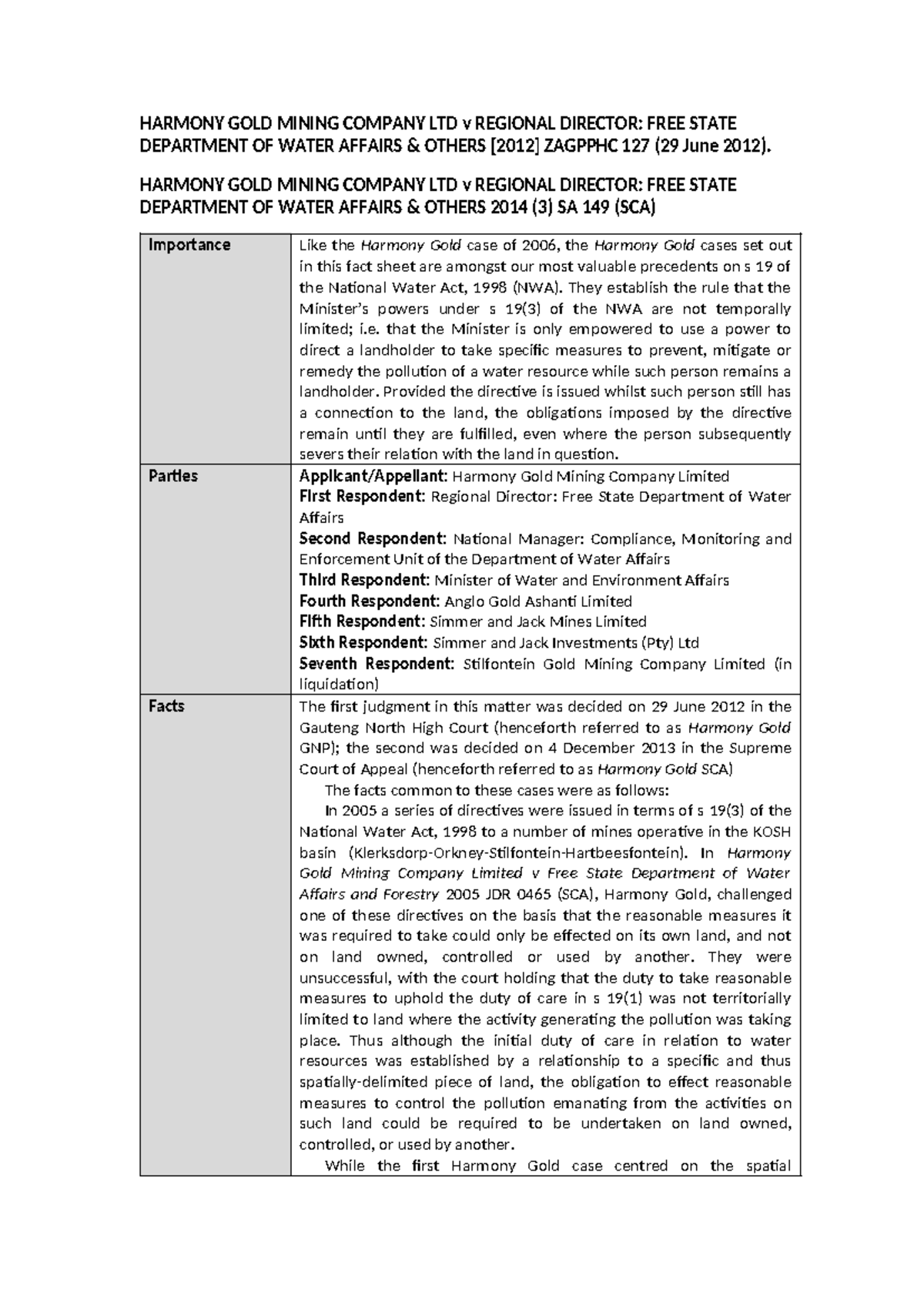 Case Note: Harmony Gold Mining Co. Ltd v Regional Director (NWA) - Studocu