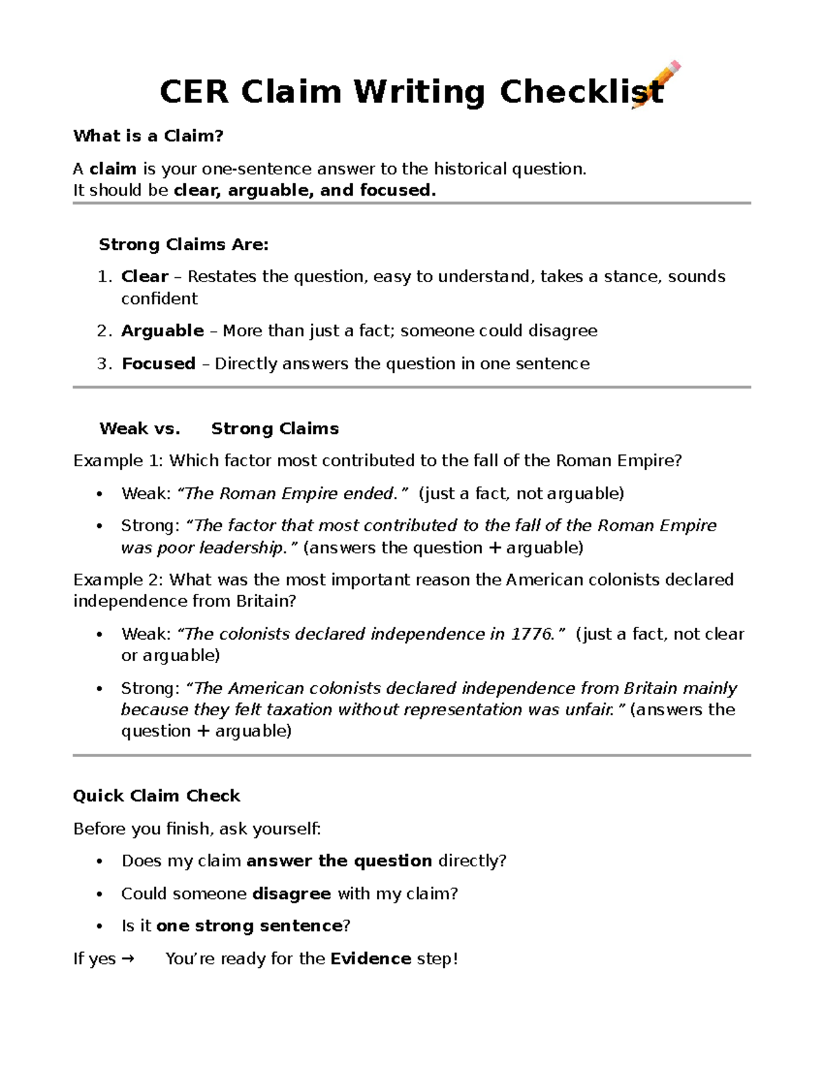 CER Claim Writing Lesson - Final Draft Guide - Studocu