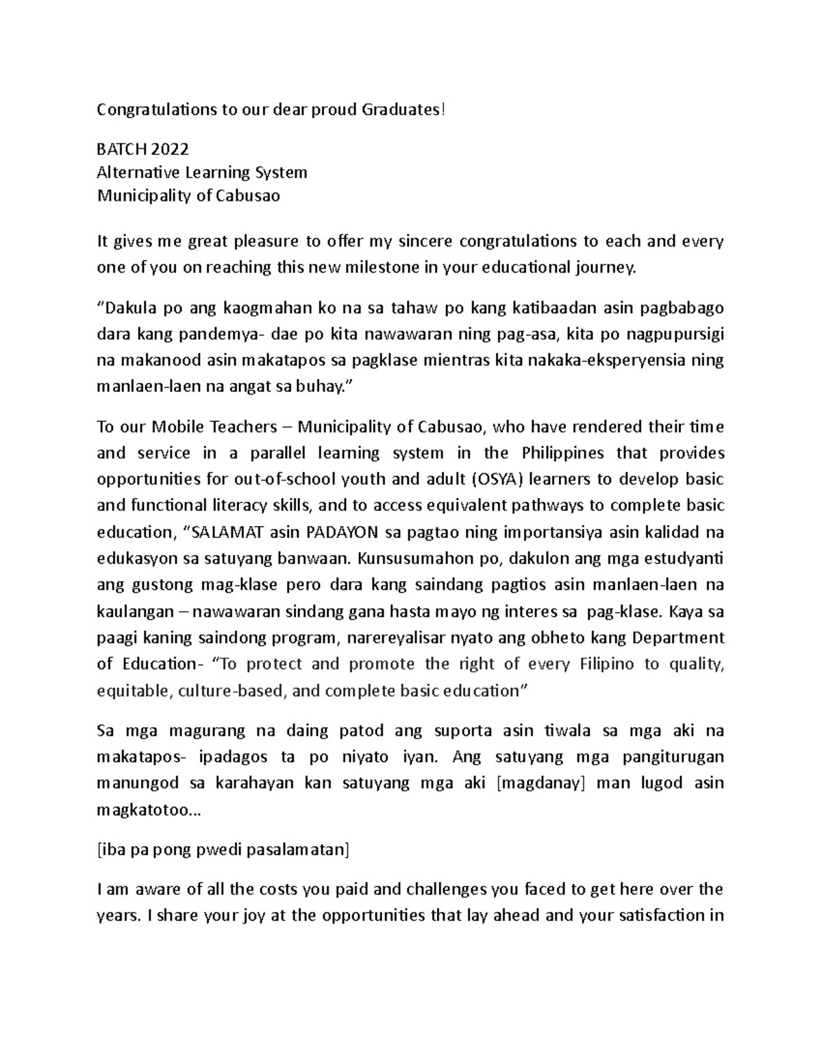 ALS 2022 Graduation Speech: Celebrating Our Proud Graduates! - Studocu