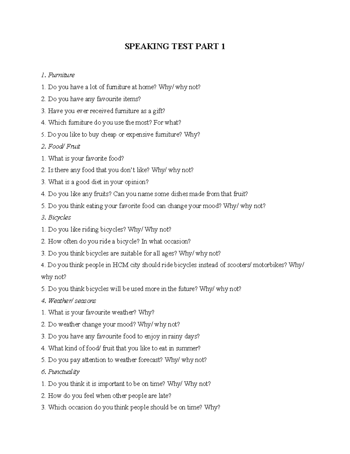 SPEAKING TEST PART 1 & 2: Topics & Questions Overview - Studocu