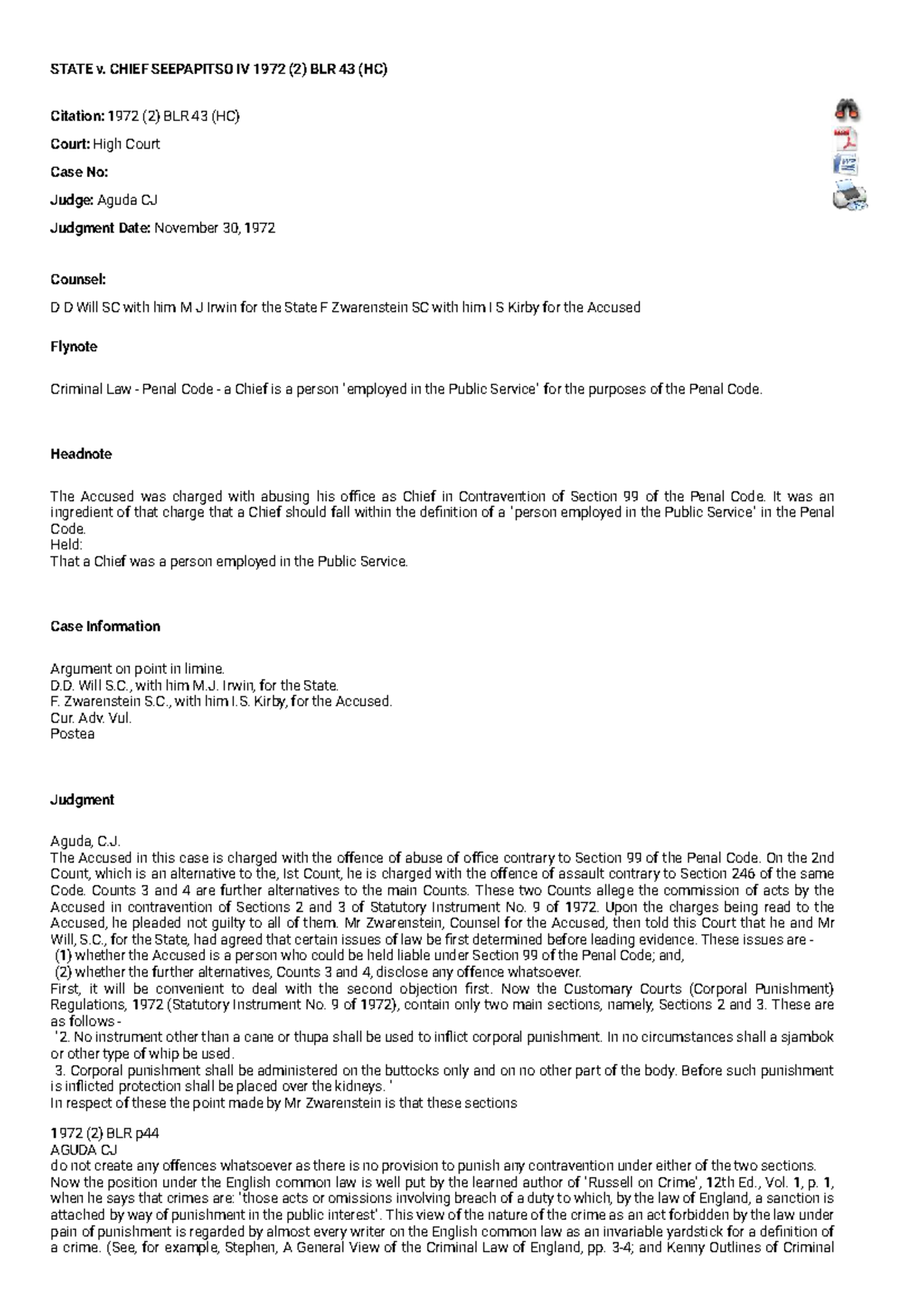 STATE v. CHIEF SEEPAPITSO IV: Case Study on Abuse of Office (1972 ...