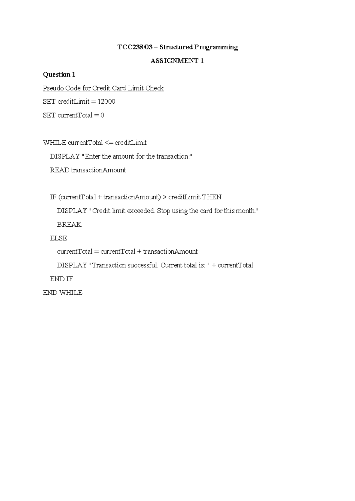 TCC23803 Structured Programming Assignment 1: Pseudo Code Solutions ...