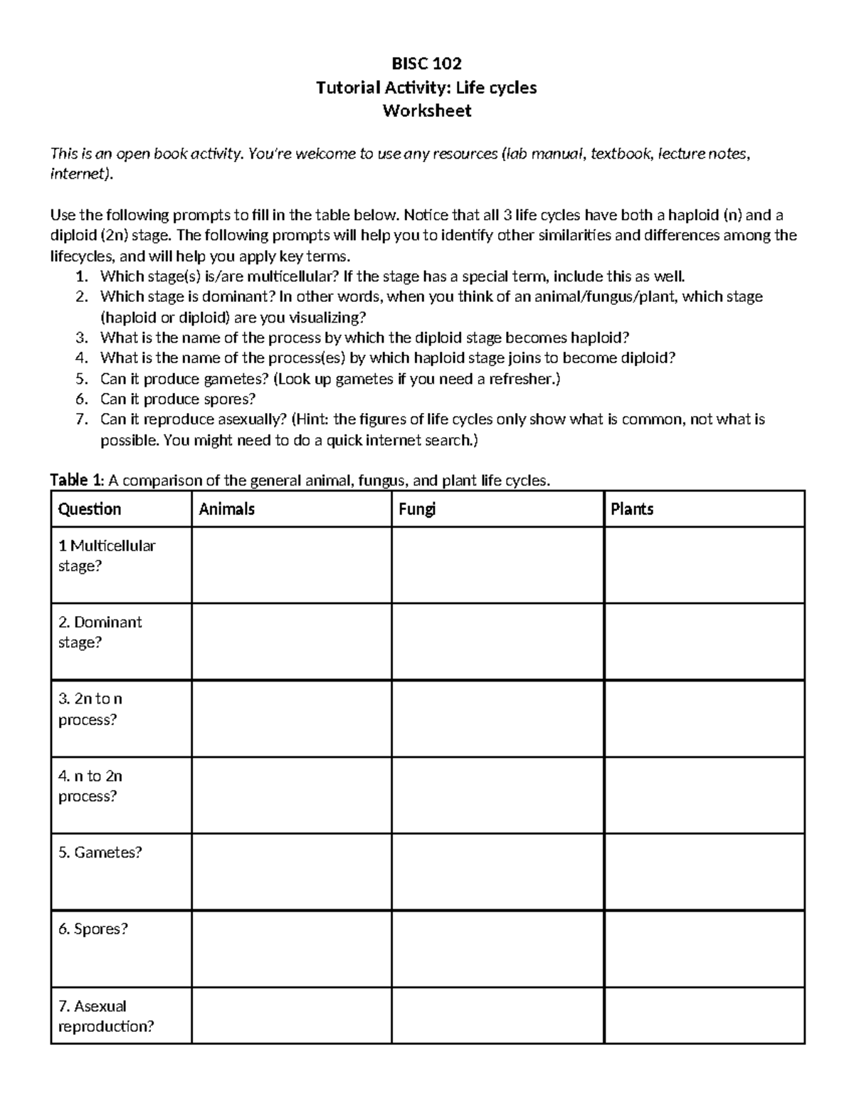 BISC 102 Tutorial: Life Cycles Comparison Worksheet - Studocu