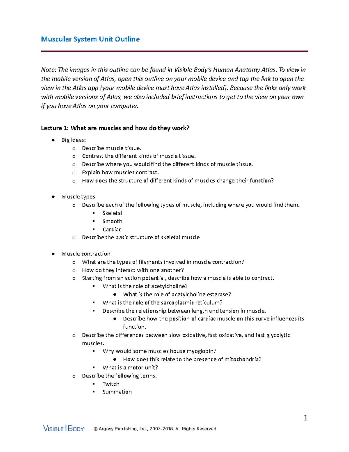 Muscular System Unit Outline: Key Concepts & Muscle Functions - Studocu