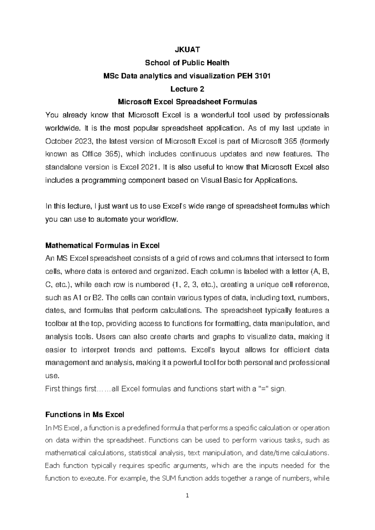 PEH 3101 Lecture 2: Excel Formulas for Data Analysis - Studocu