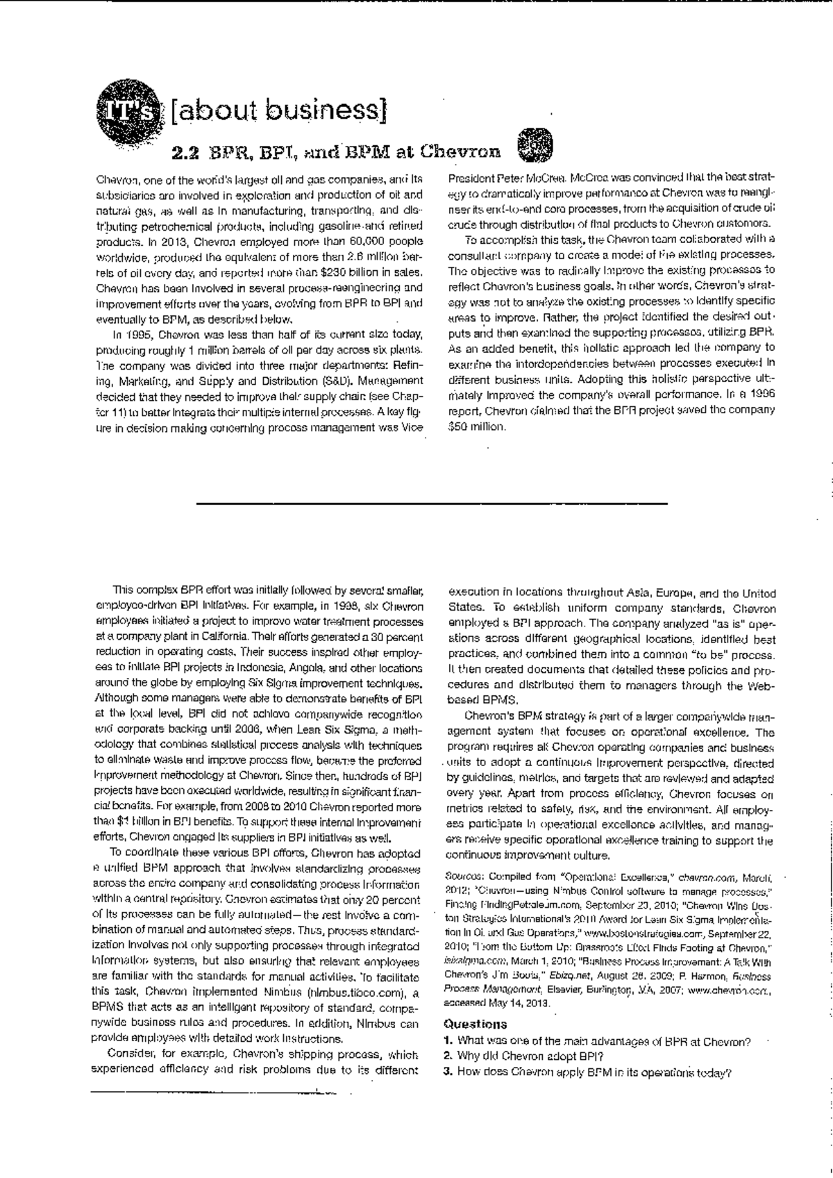 ICT501 Tutorial 4 Case Study: Exploring Chevron's BPR, BPI & BPM ...