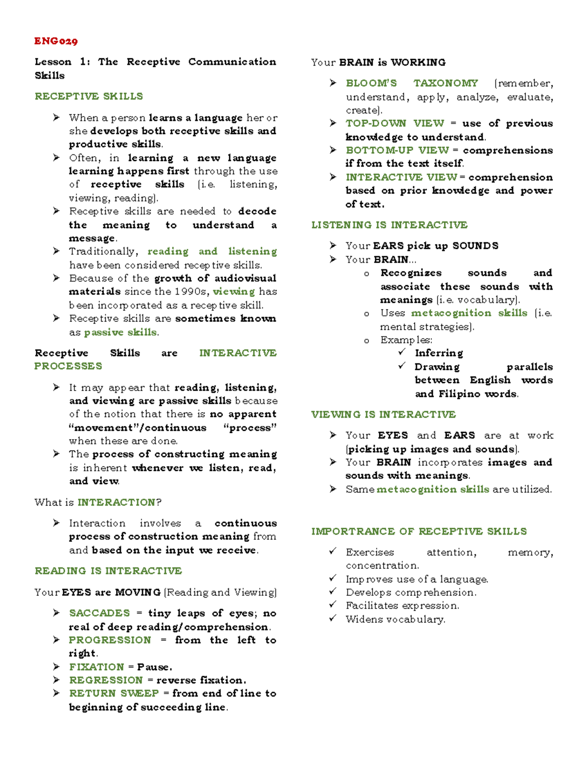 ENG 029 - Lesson 1-3: Receptive Skills & English Proficiency Tests ...