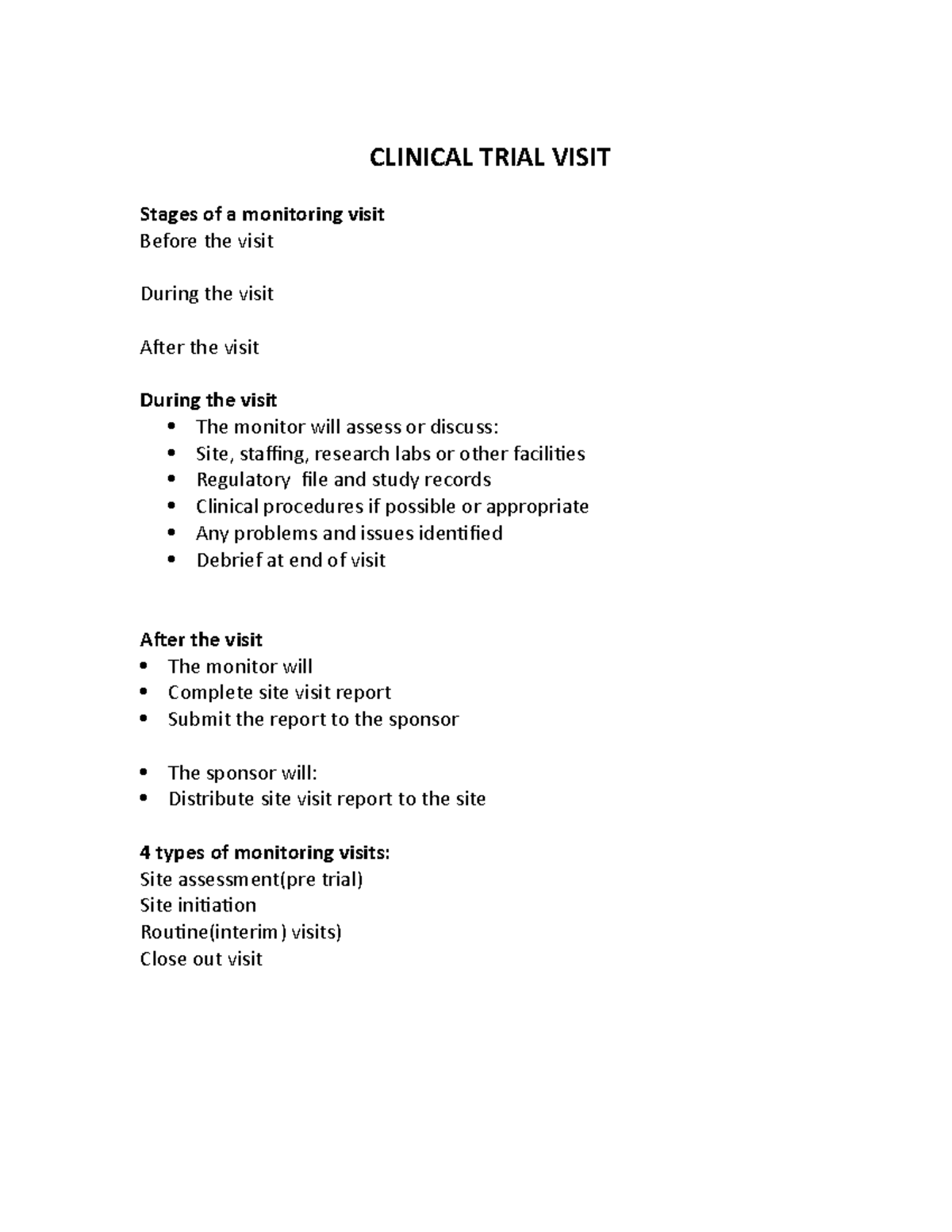 Clinical Trial Visit: Monitoring Stages and Best Practices Guide - Studocu
