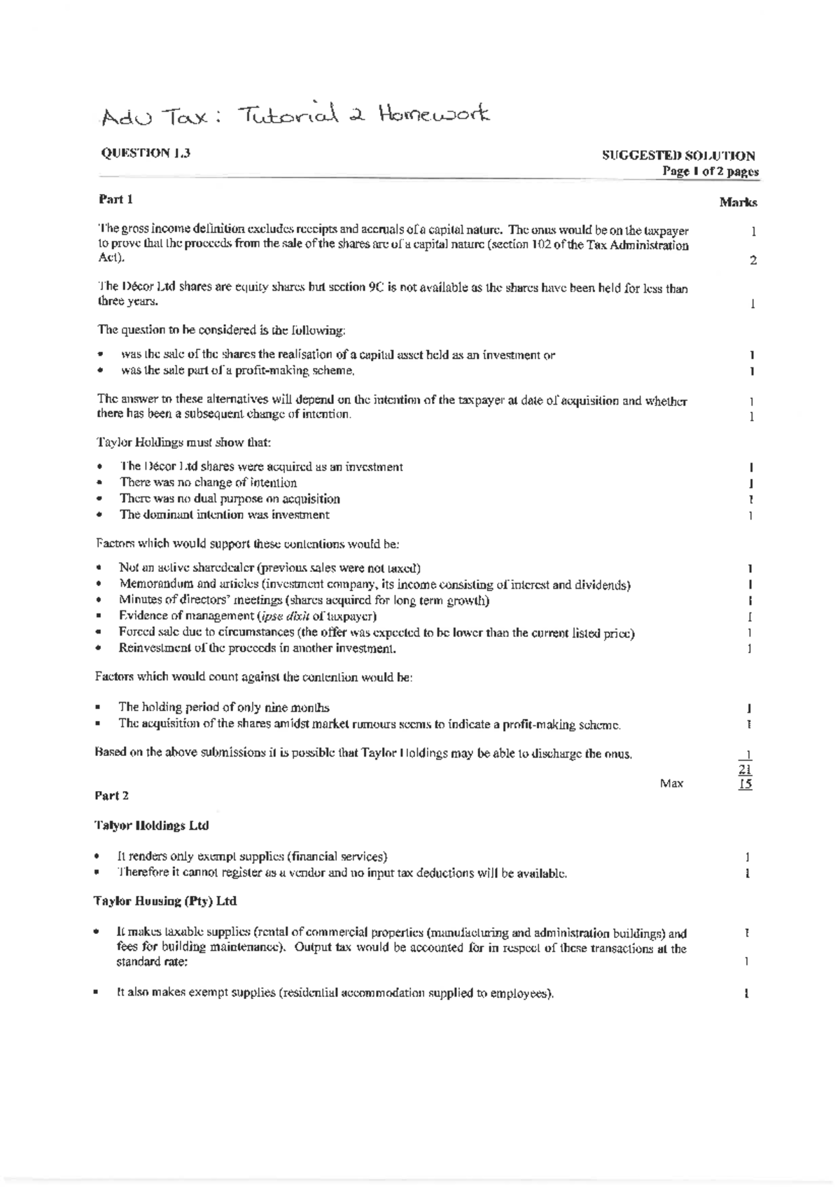 Week 2 Tutorial Pack - Tuts - Adu Tax: Tutorial 2 Homework QUESTION 1 SUGGESTED SOLUTION Page 1 ...