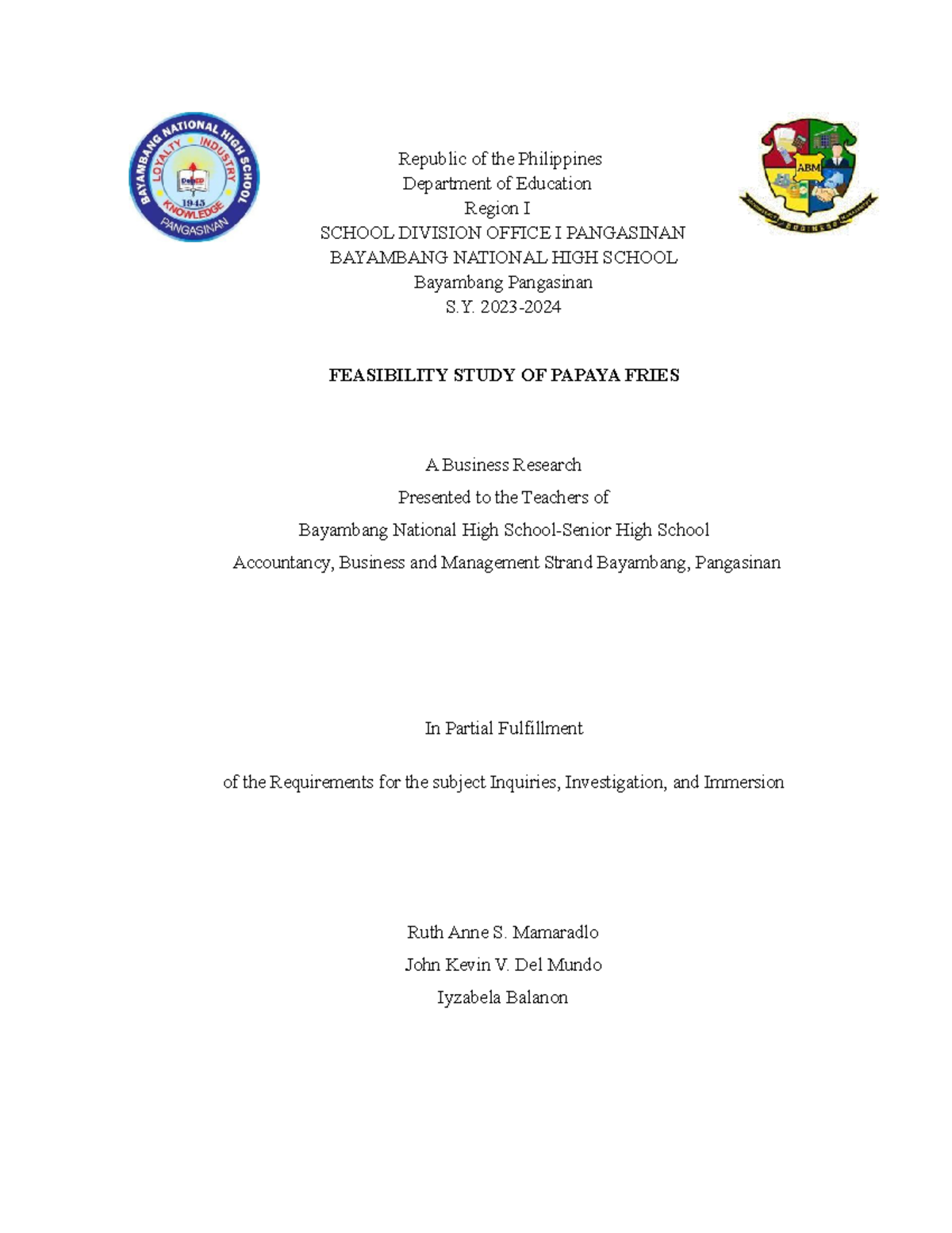 Feasibility Study of Papaya Fries - ABM 12 Research Project - Studocu