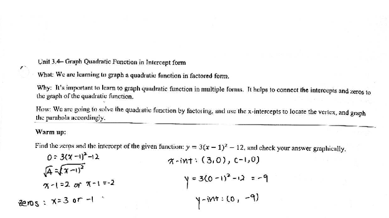 Unit 3.4 Completed Notes on Graphing Quadratic Functions - Studocu