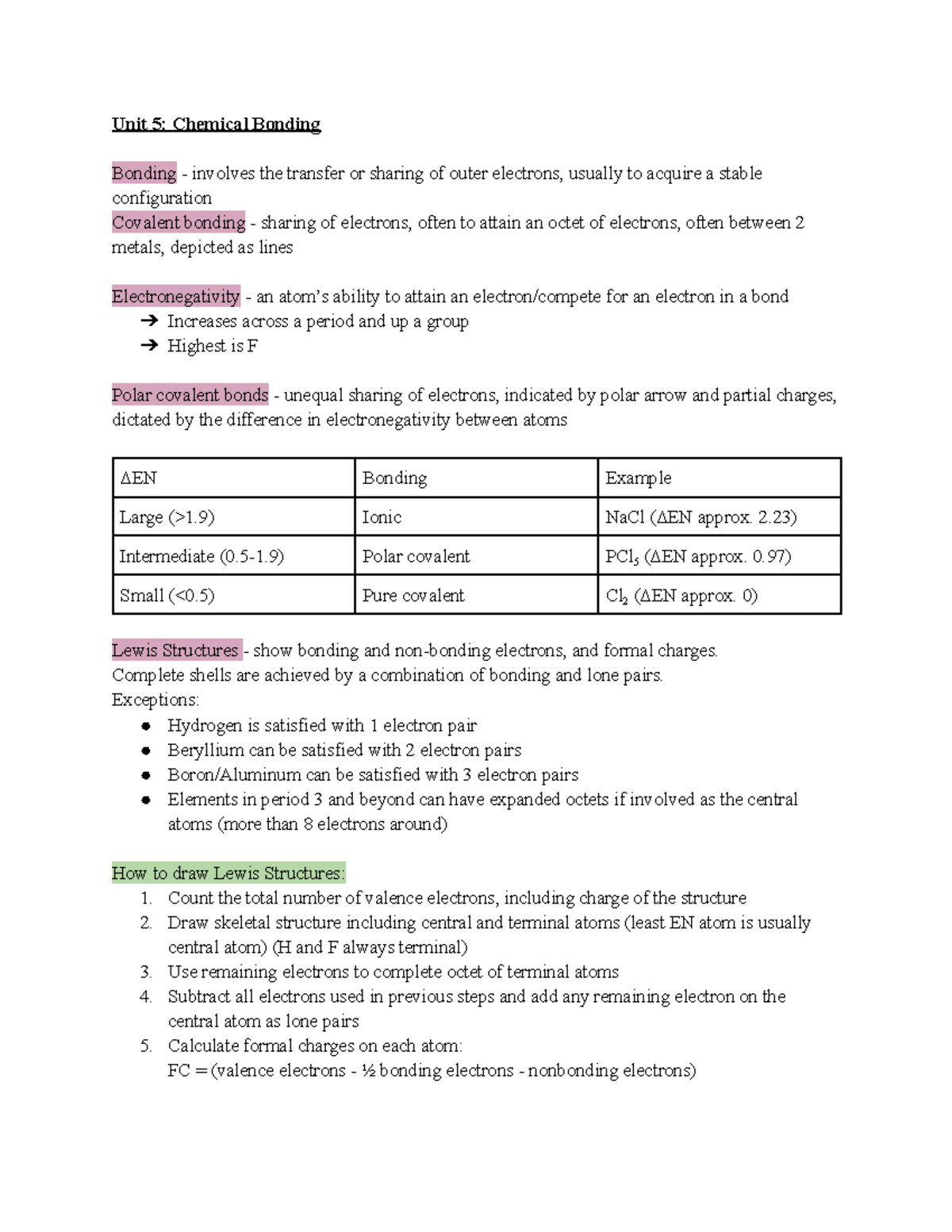 unit 5 chemical bonding notes - Unit 5: Chemical Bonding Bonding ...