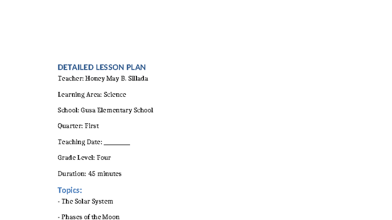 Grade 4 Science Lesson Plan: The Solar System & Moon Phases - Studocu