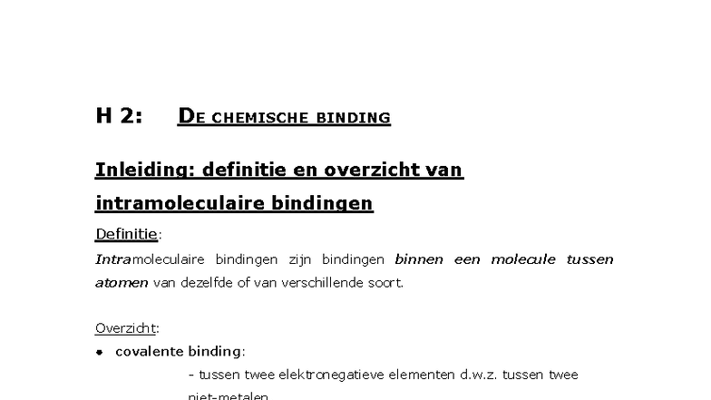 H2: DE CHEMISCHE BINDING - Inleiding en Overzicht van Bindingen - Studocu
