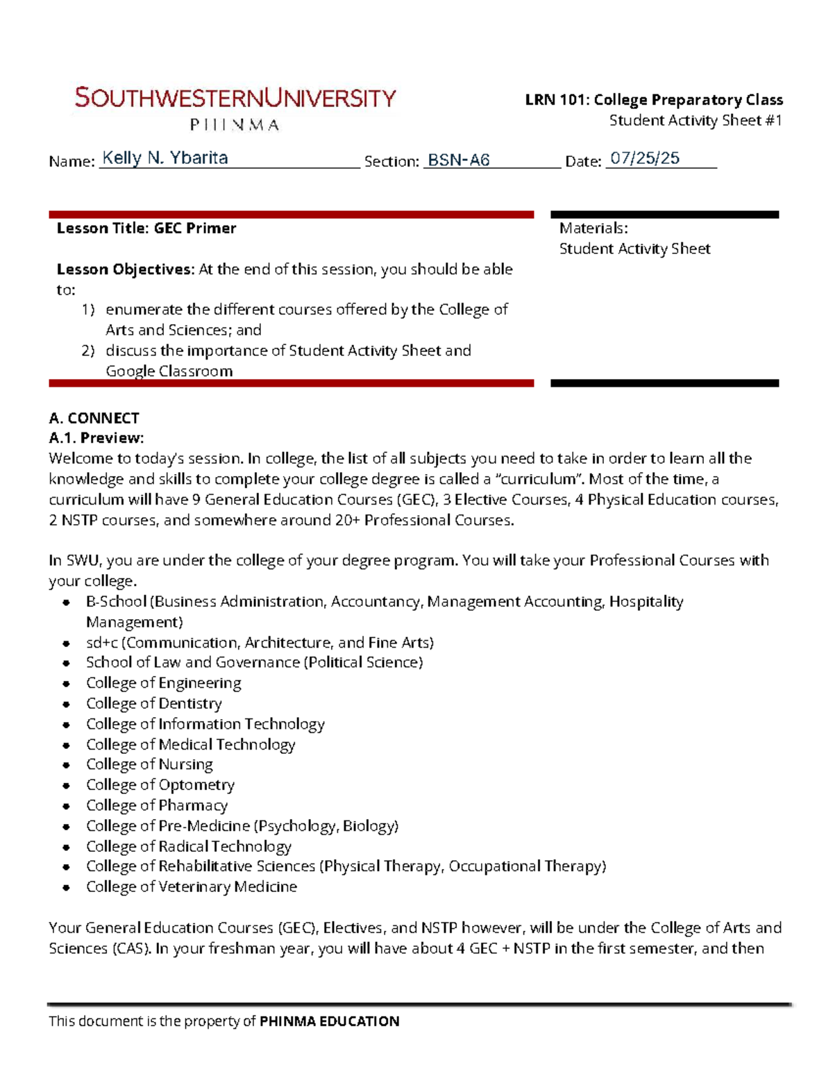 LRN 101: College Preparatory Class - Student Activity Sheet Review ...