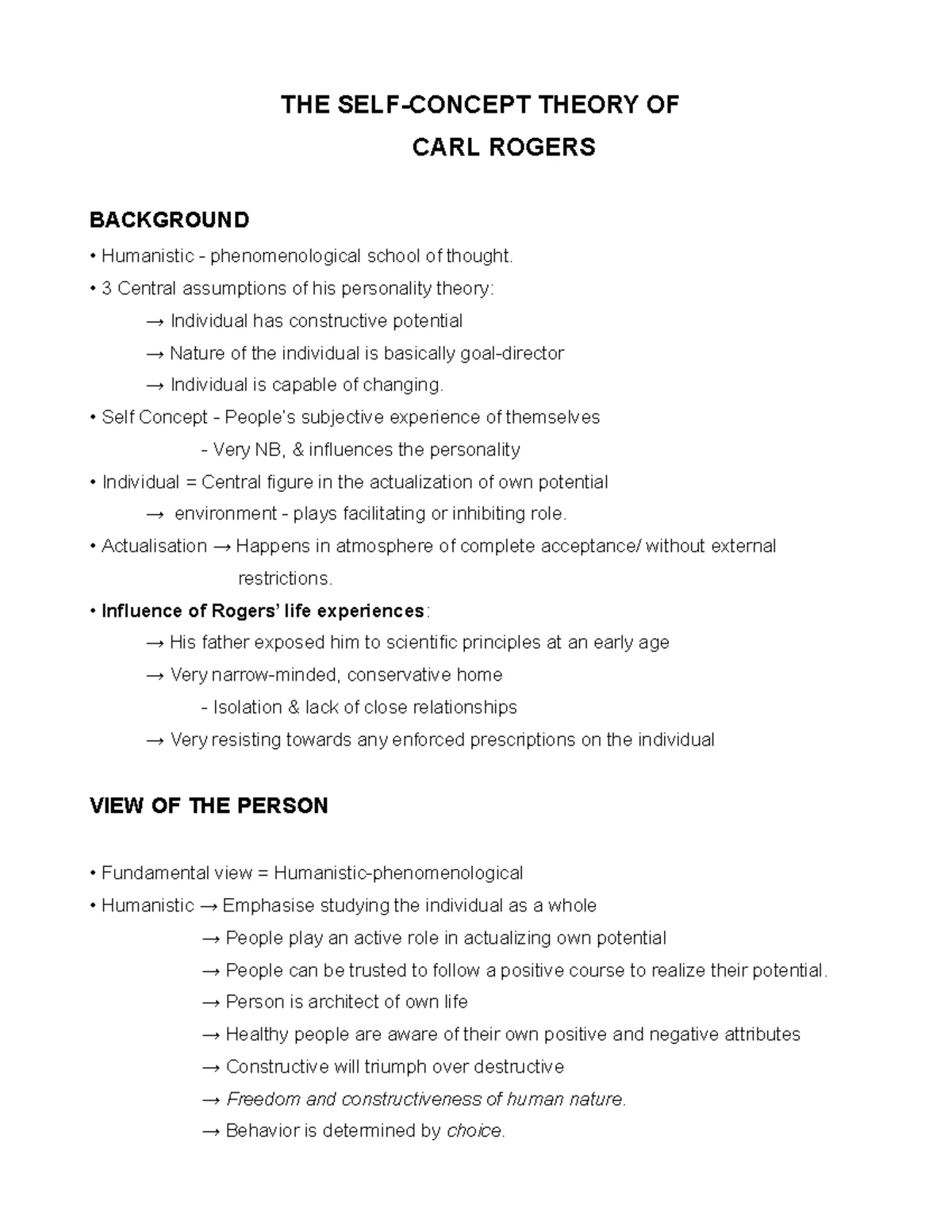 PYC2601 - Summary of Personality Theories: Maslow's Self-Concept Theory ...