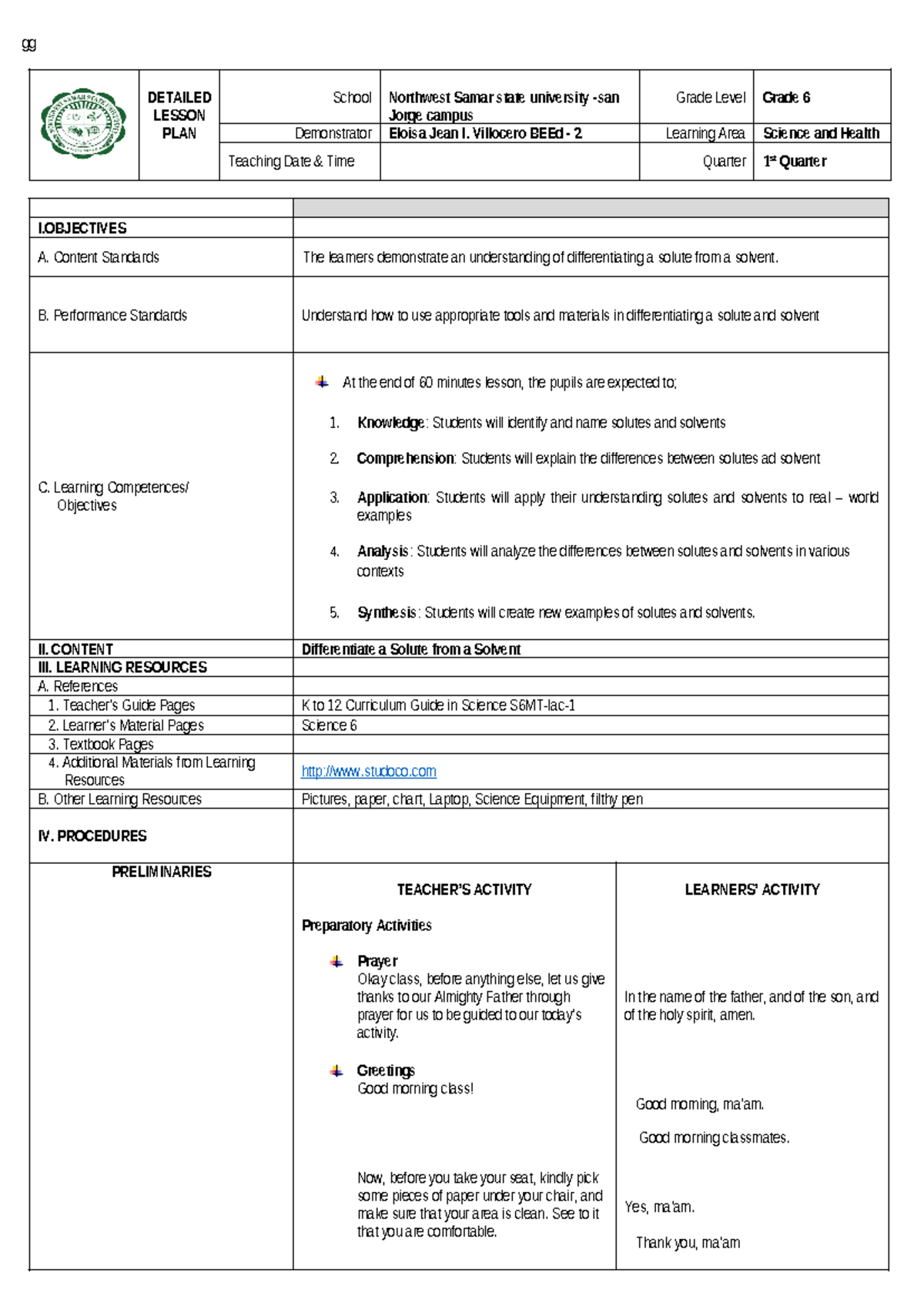 Detailed Lesson Plan: Differentiating Solutes and Solvents (BEEd 2 ...