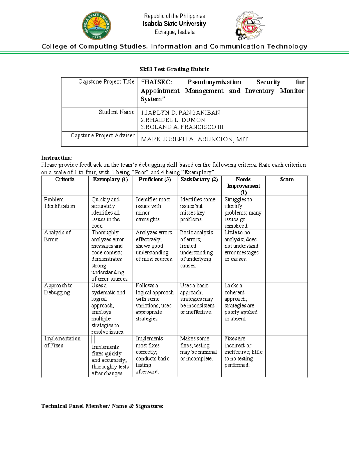 Skill Test Grading Rubric - Republic of the Philippines Isabela State ...