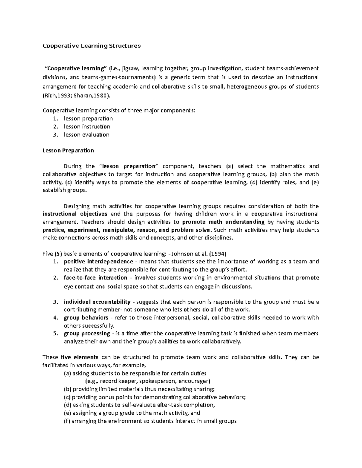 Cooperative Learning Structures for Math Teaching Techniques - Studocu