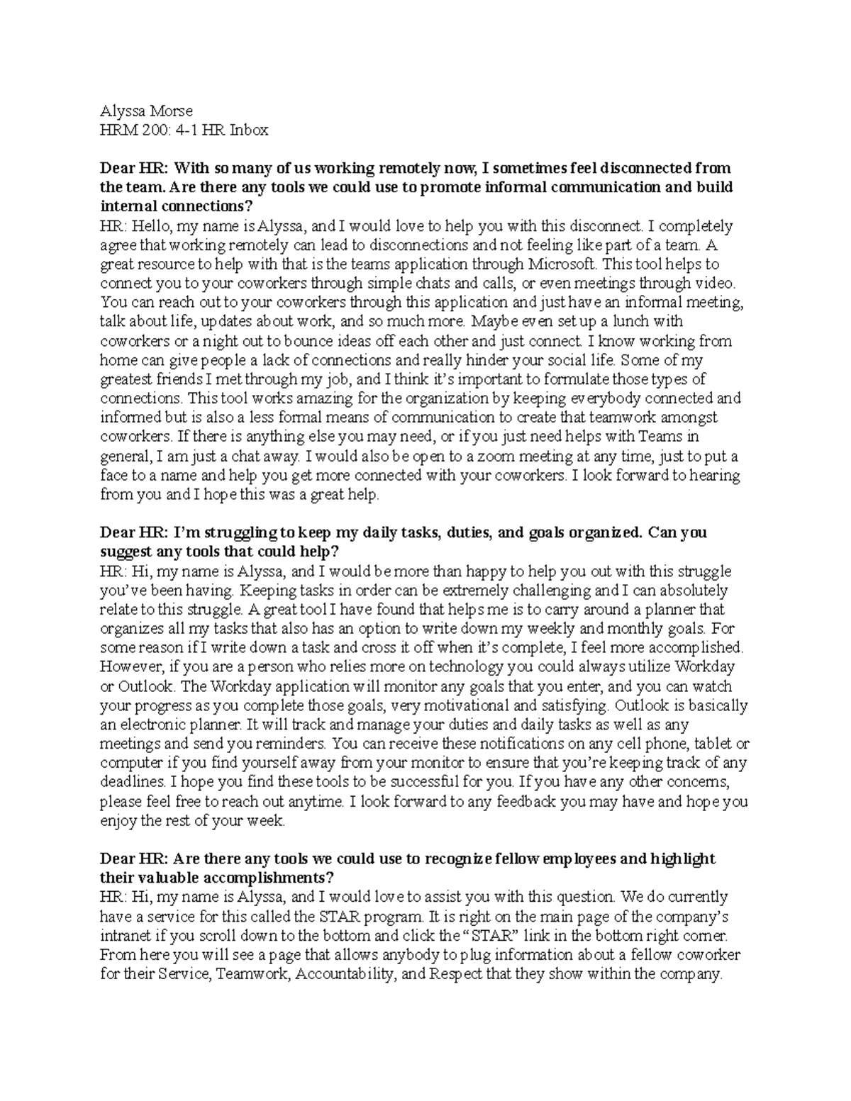 HRM 200 4-1 Dear HR - Dear HR Assignment - Alyssa Morse HRM 200: 4-1 HR ...