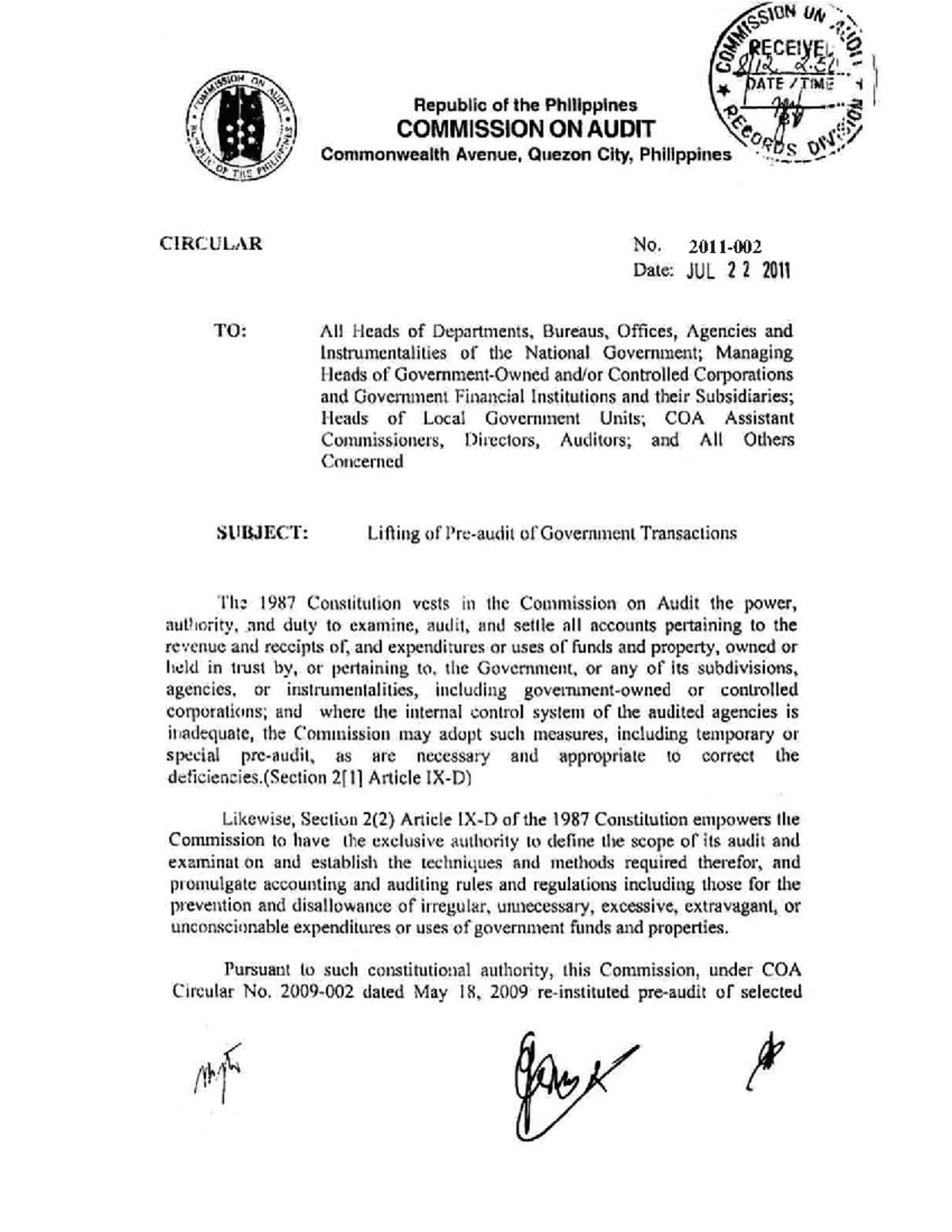COA Circular No. 2011-07: Lifting of Government Transaction Audits ...