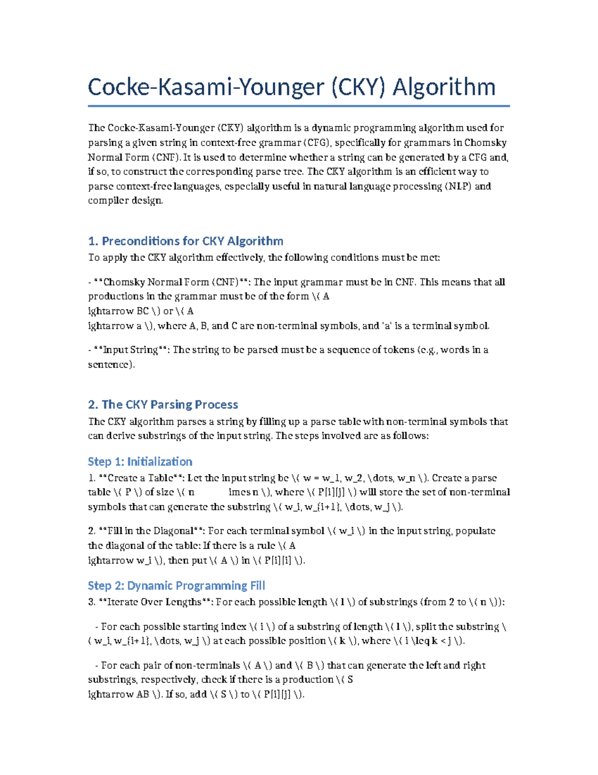 Lecture Notes on CKY Algorithm (CKY) for Parsing CFG - Studocu