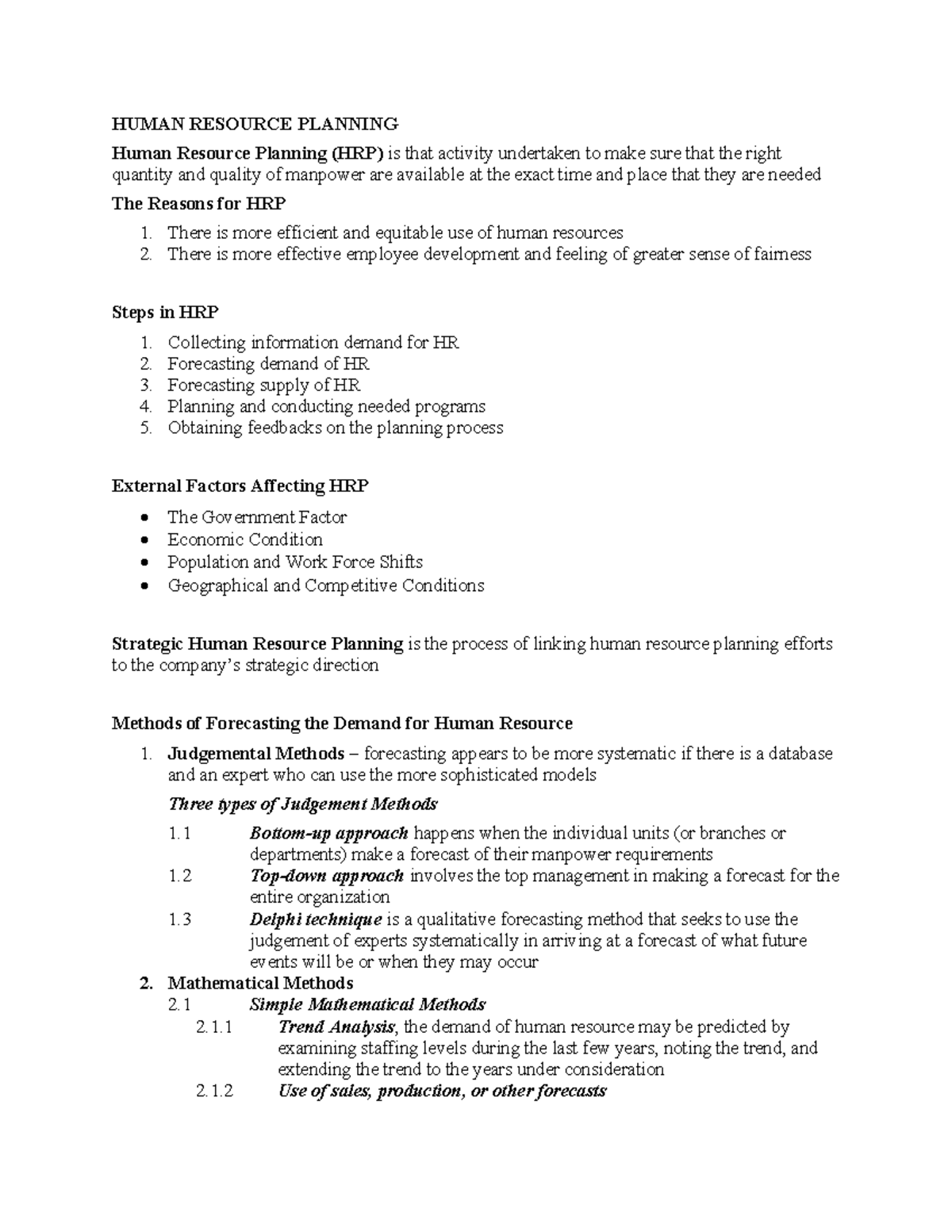 HRM - Human Resource Planning, Recruitment & Selection Overview - Studocu