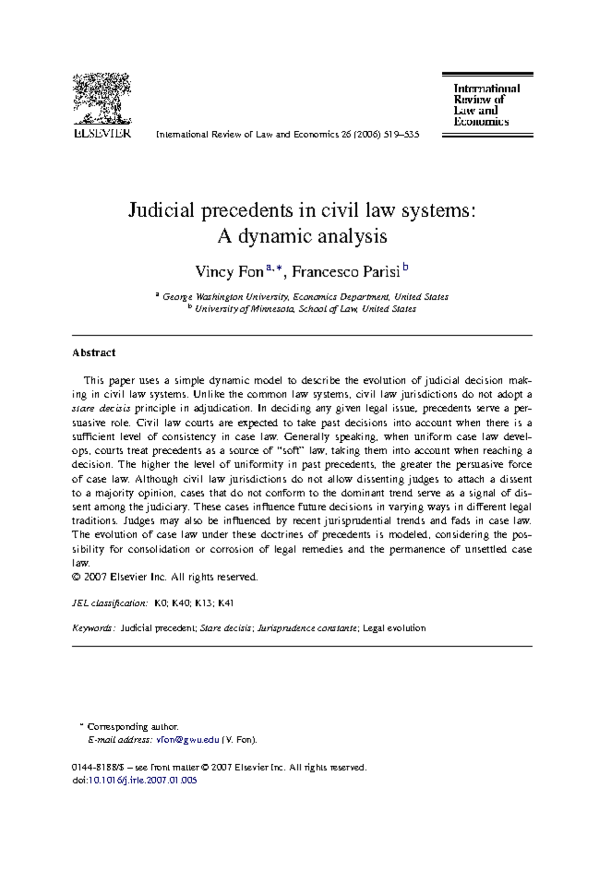 Judicial Precedents in Civil Law Systems: A Dynamic Analysis (LAW 26 ...