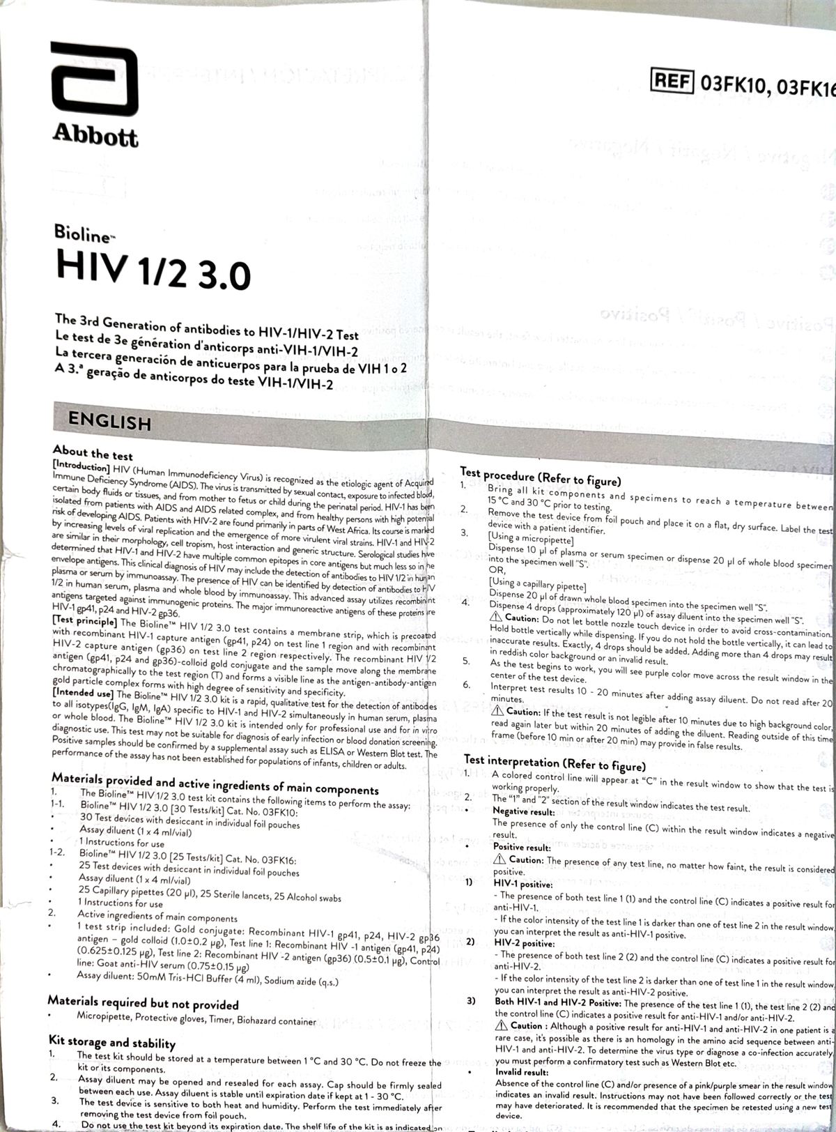 HIV-Test - ImmunoSero lab act - REF 03FK10, 03FK16 Abbott Bioline HIV 3 ...