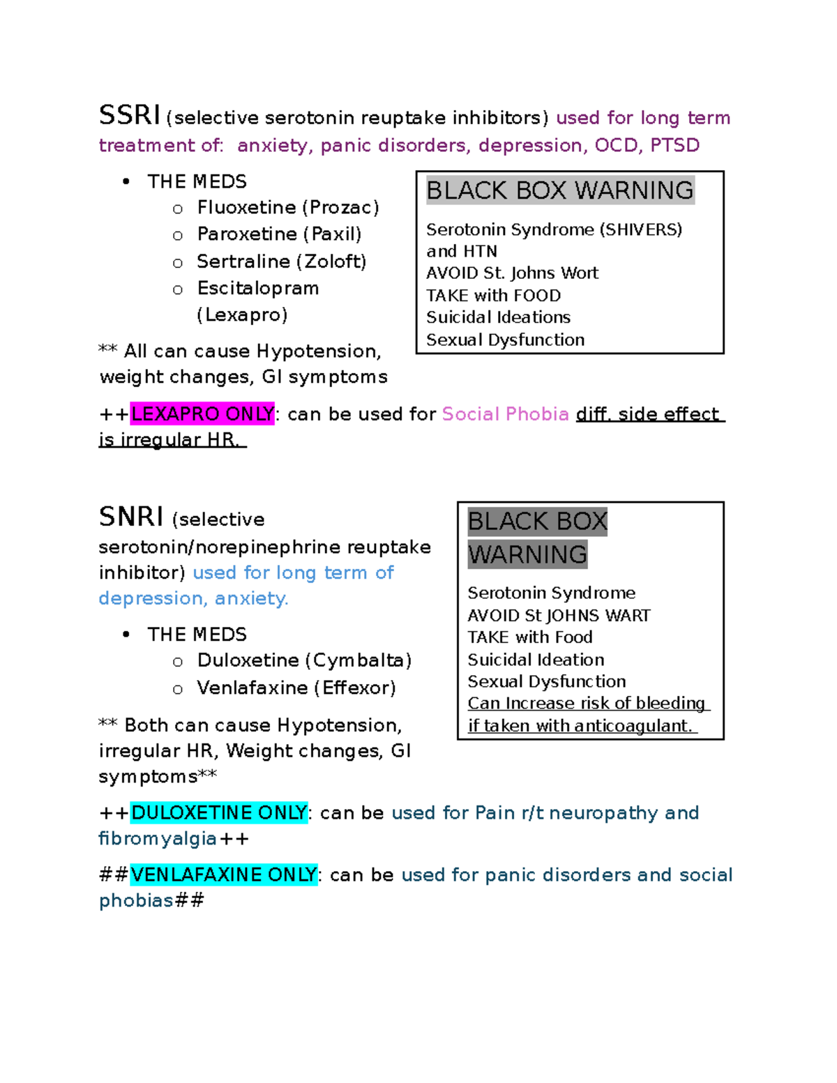 Anxiety Medications Overview: SSRIs, SNRIs, and Benzodiazepines - Studocu