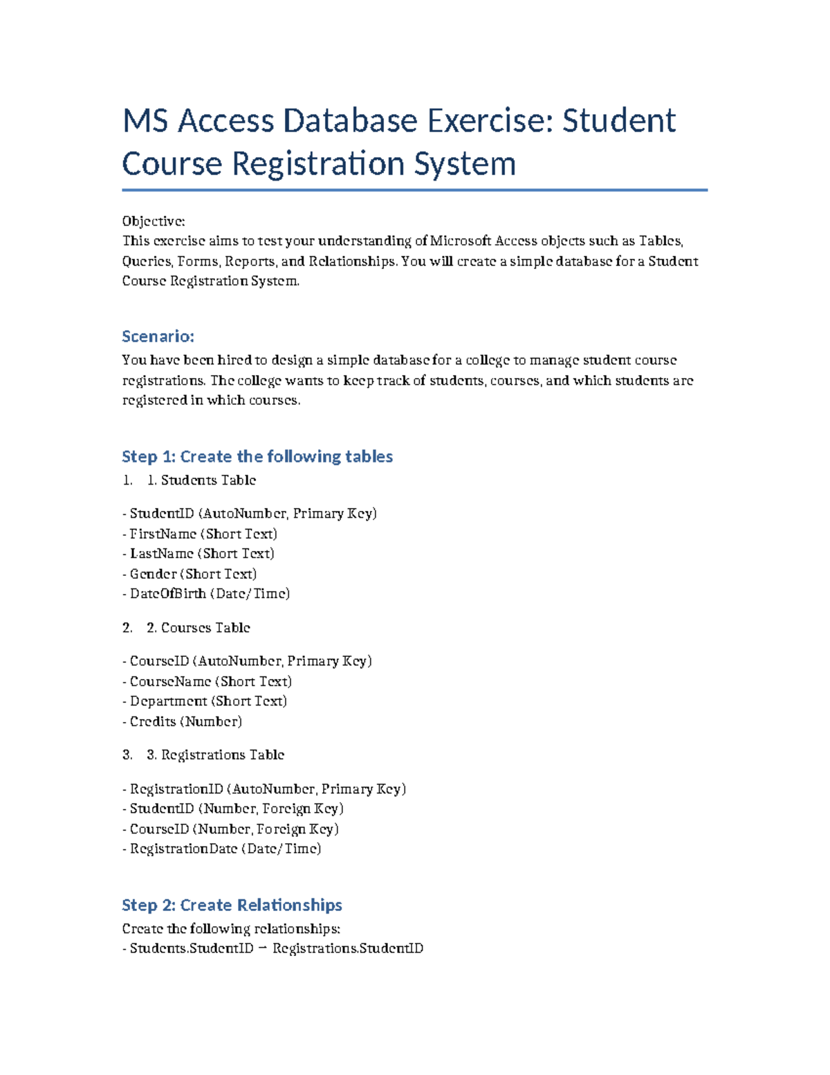 MS Access Exercise: Student Course Registration System Overview - Studocu