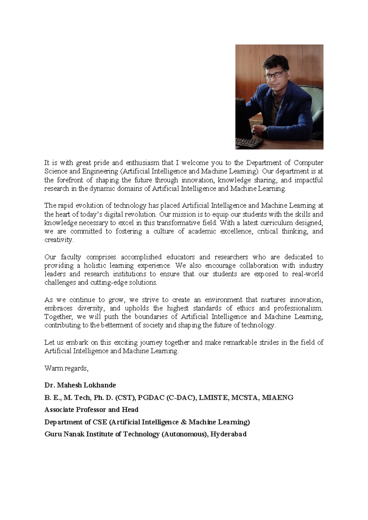 AIML-7: HOD Message on AI & ML Department Vision - Studocu