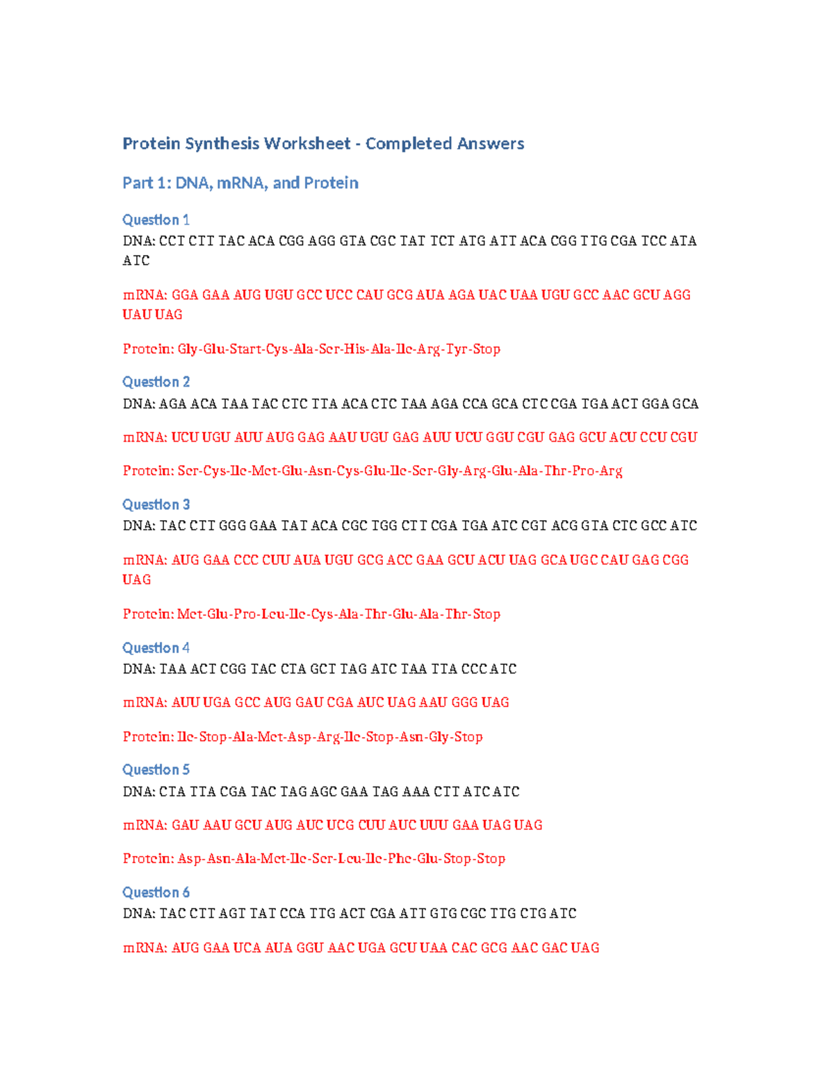 Protein Synthesis Worksheet - Highlighted Answers (Bio 101) - Studocu