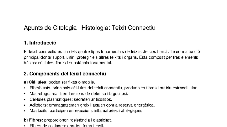 Apunts de Citologia i Histologia: Teixit Connectiu i Funcions - Studocu