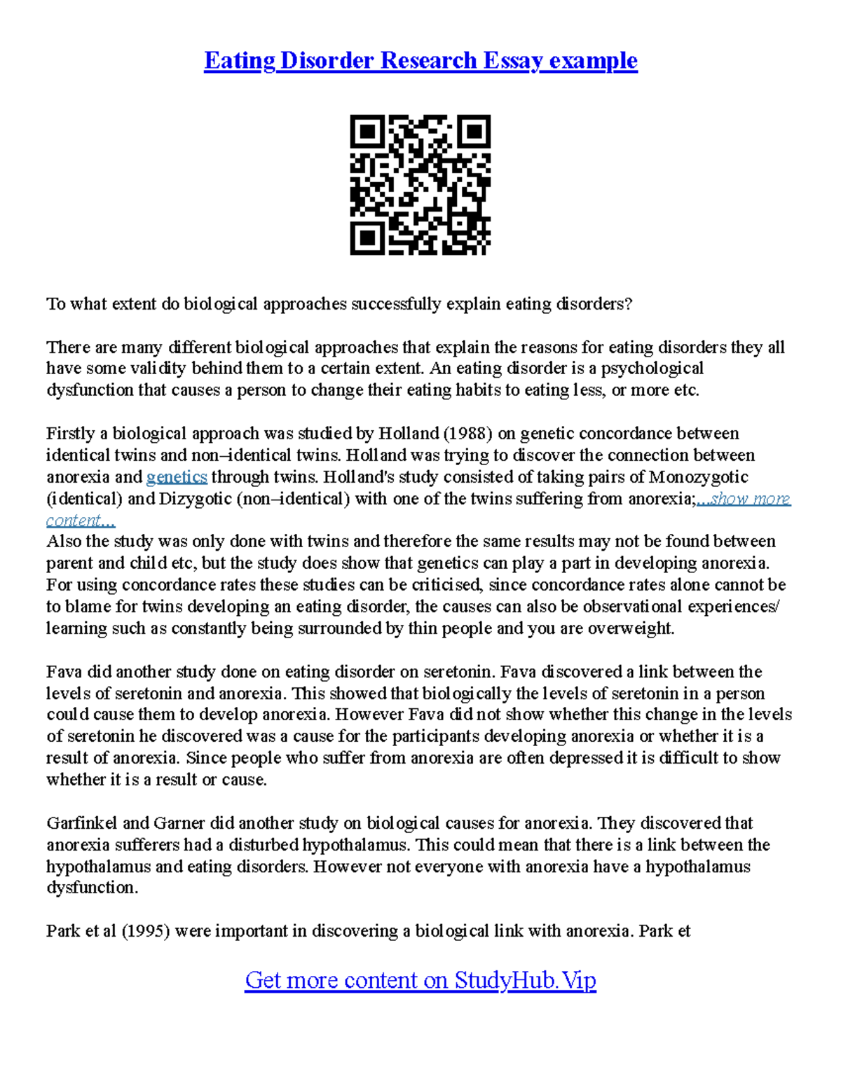 Eating Disorder Essays - Eating Disorder Research Essay example To what ...