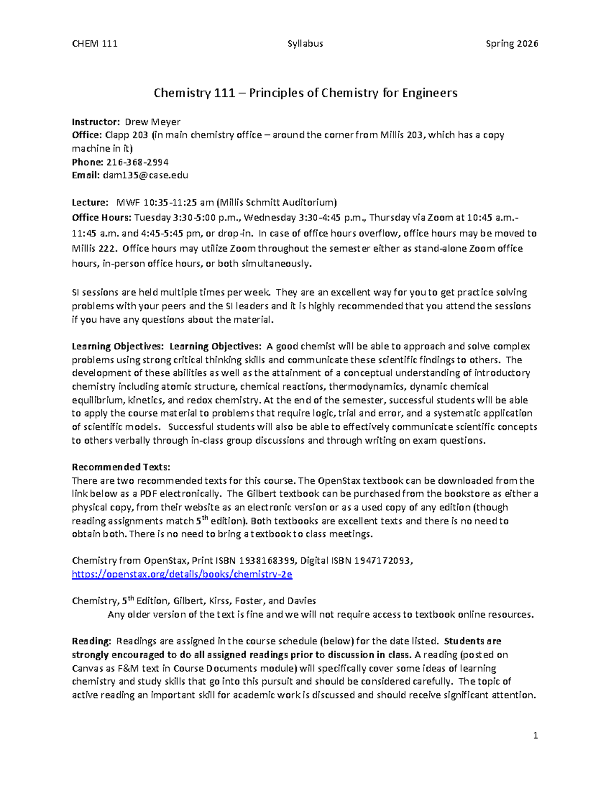CHEM Syllabus Spring 2026: Principles of Chemistry for Engineers - Studocu