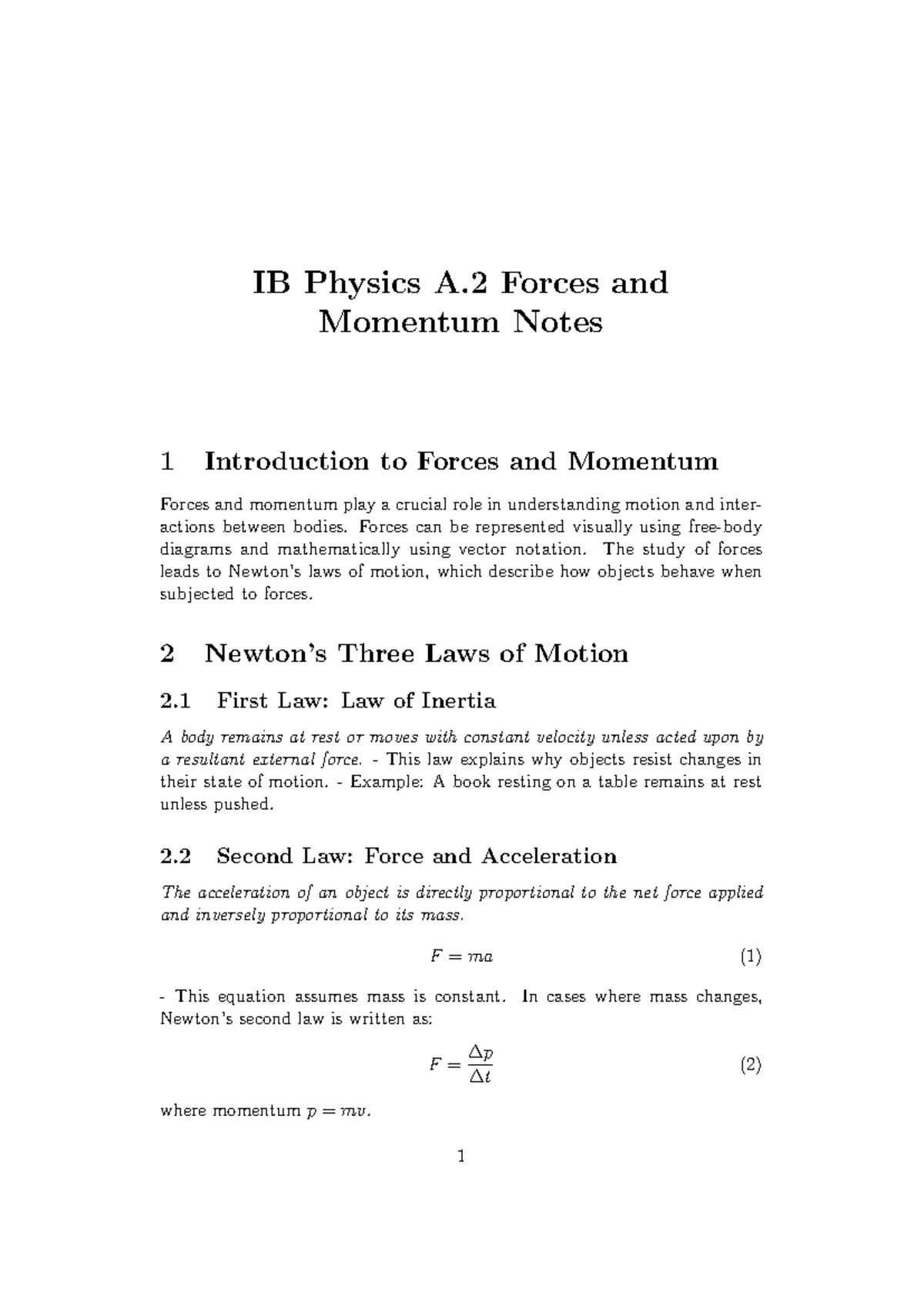 Physics notes a 2 - IB Physics A Forces and Momentum Notes 1 ...