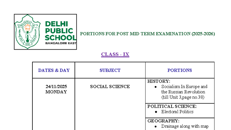 Grade IX - Post Midterm Exam Portions (2025-26) - Studocu