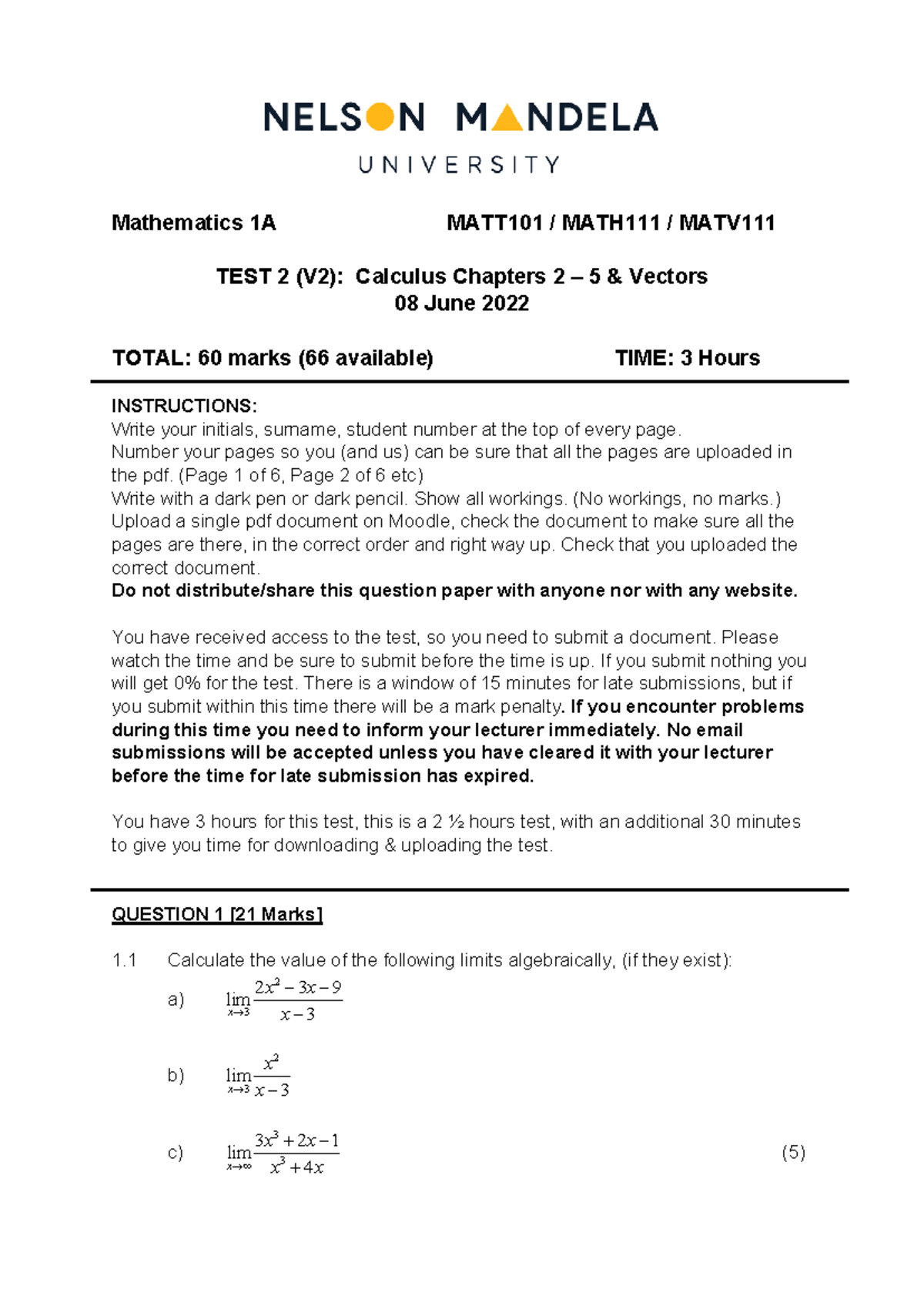 Mathematics 1A Semester Test 2 (V2) - Mathematics 1A MATT101 / MATH111 ...