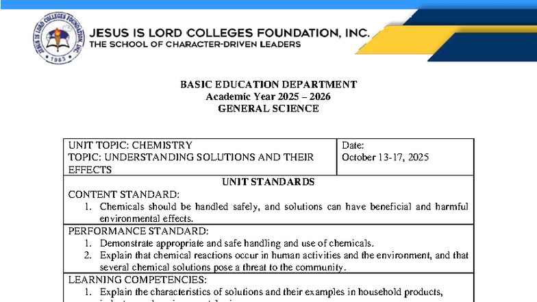 BASIC EDUCATION DEPARTMENT AY 2025-2026: General Science Lesson Plan on ...