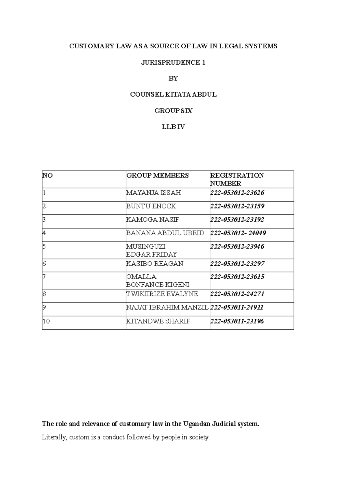 Customary Law in Uganda's Legal System: Jurisprudence 1 Insights - Studocu