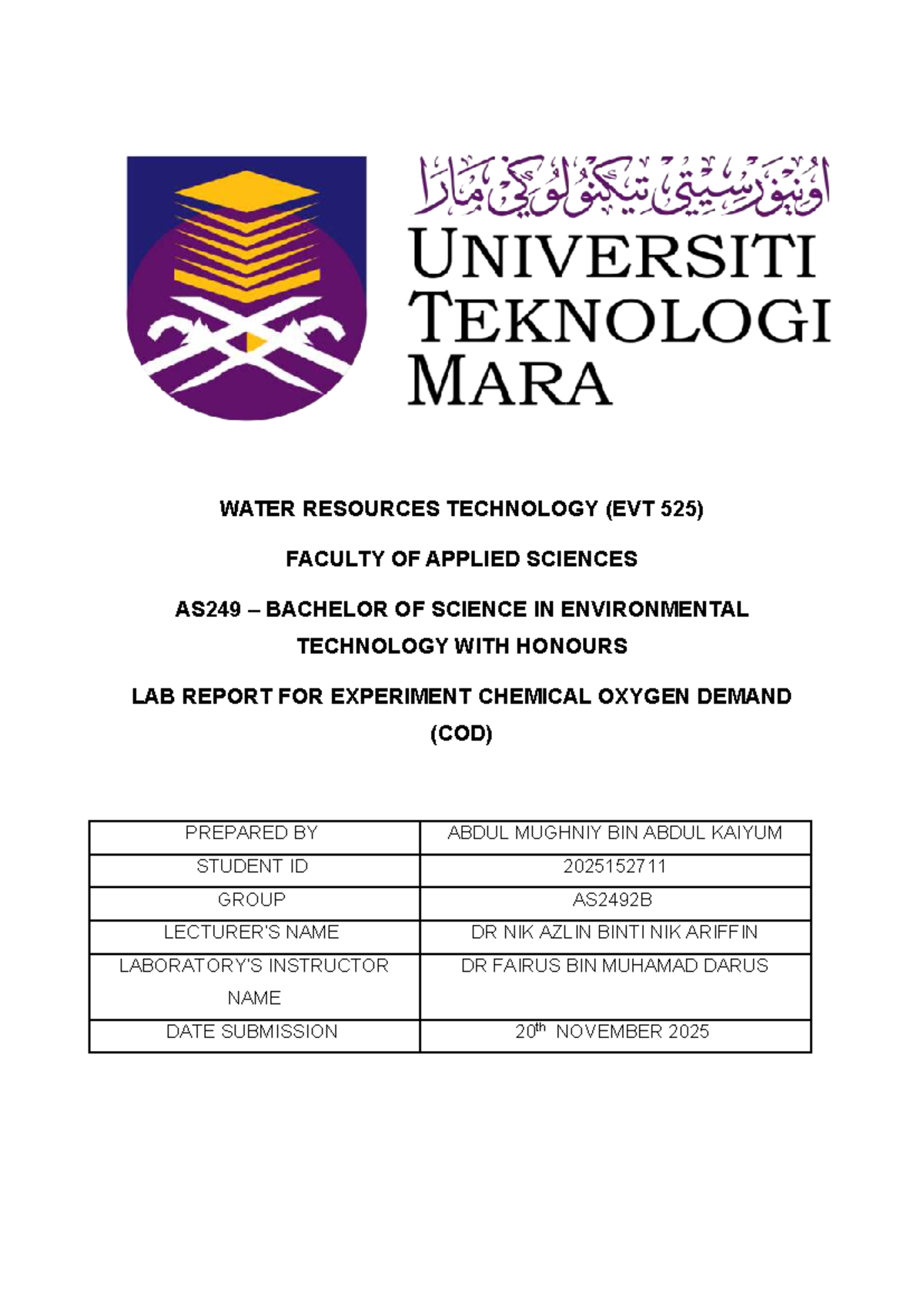 EVT 525 Lab Report: Chemical Oxygen Demand (COD) Analysis - Studocu