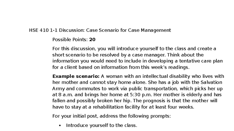 HSE 410 Discussion: Case Scenario Development for Case Management - Studocu