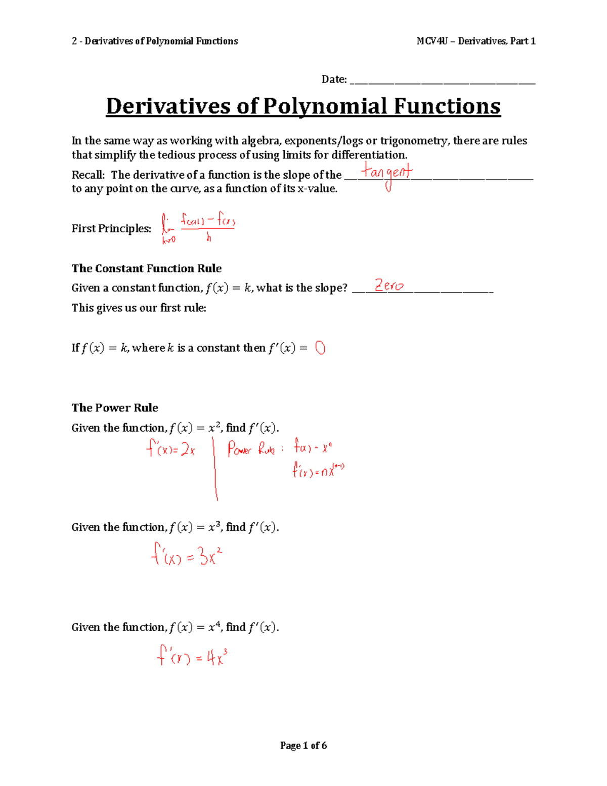 MCV4U Derivatives of Polynomial Functions - Lesson Notes - Studocu