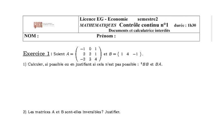 CC1-L1-24 - Exercice sur les Matrices et leurs Propriétés - Studocu