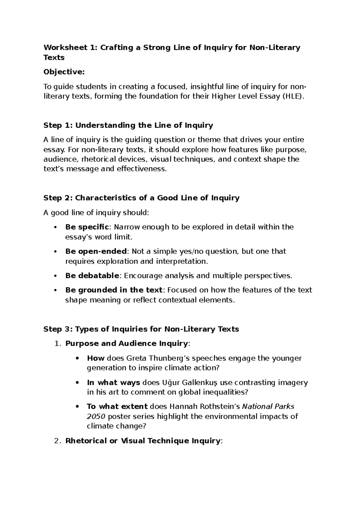 HLE Worksheet 1: Crafting a Strong Line of Inquiry for Non-Literary ...