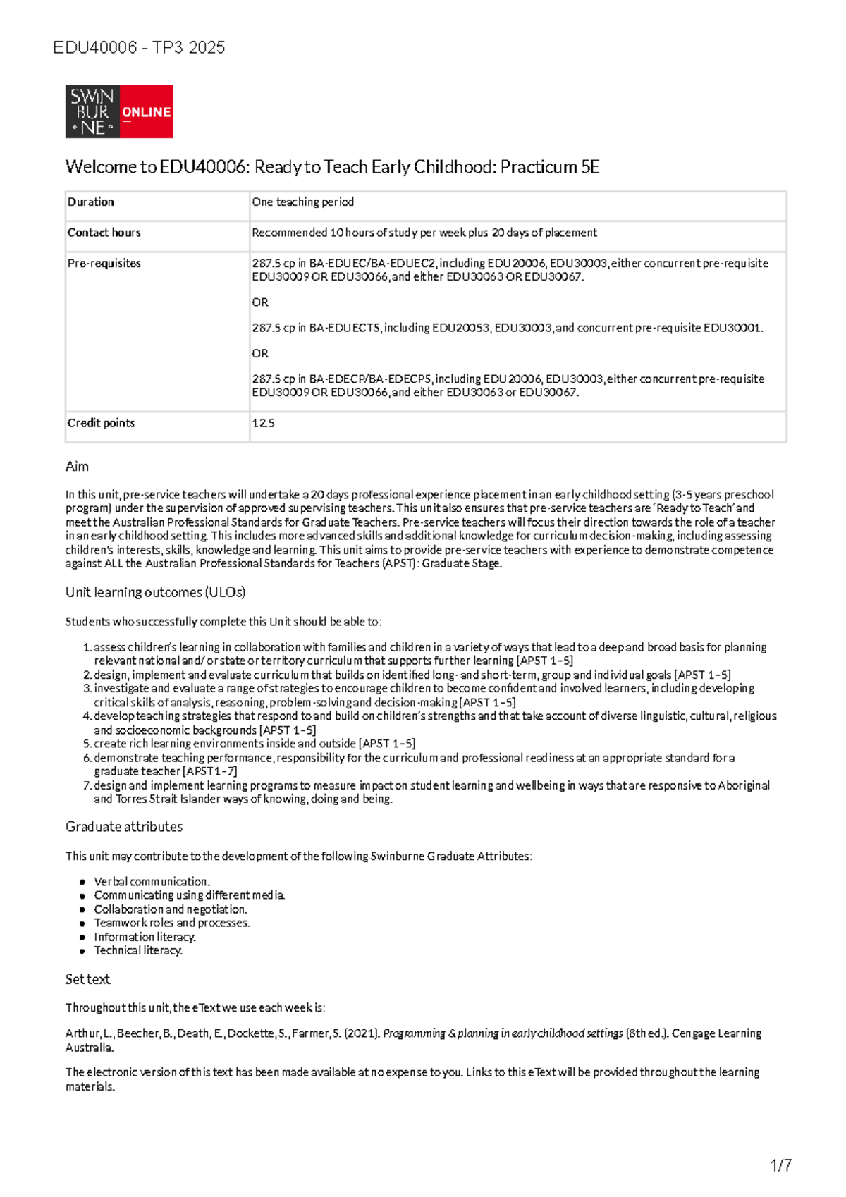 2025 EDU40006 TP3 - Early Childhood Practicum Course Outline - Studocu