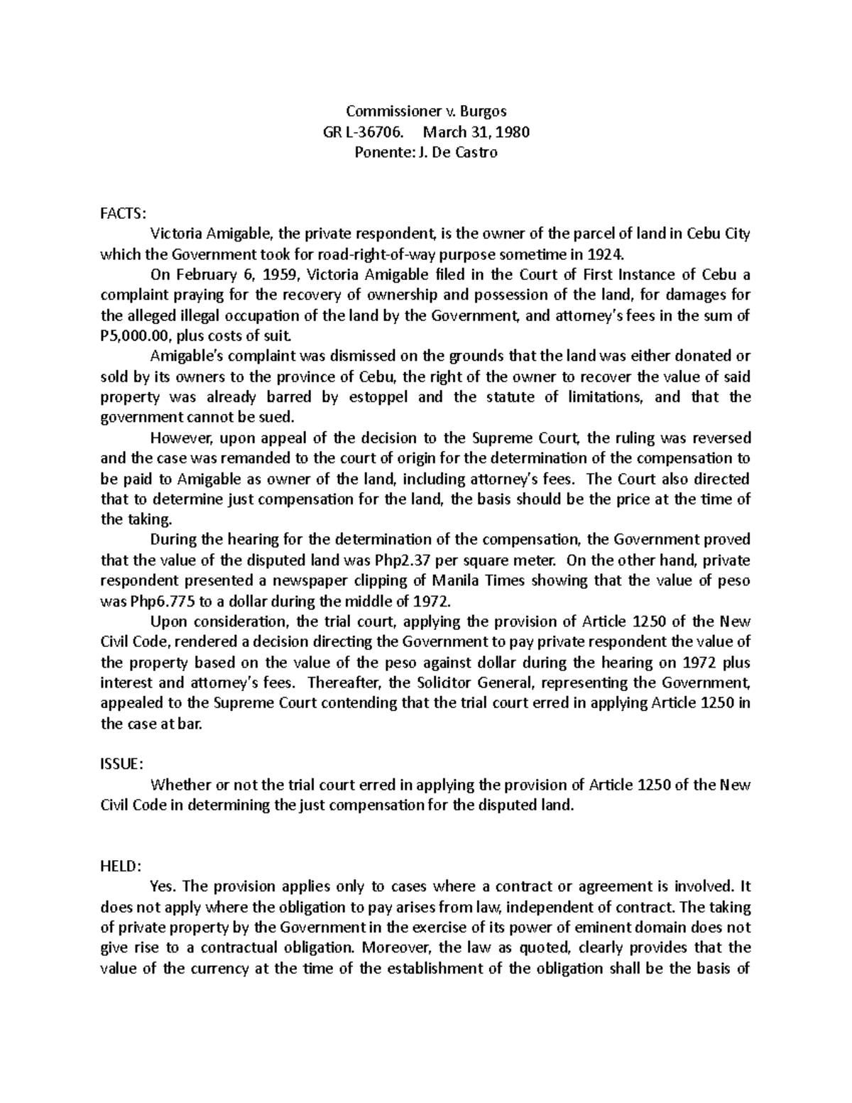 Case Study: Commissioner v. Burgos GR L-36706 - Land Compensation Issue ...