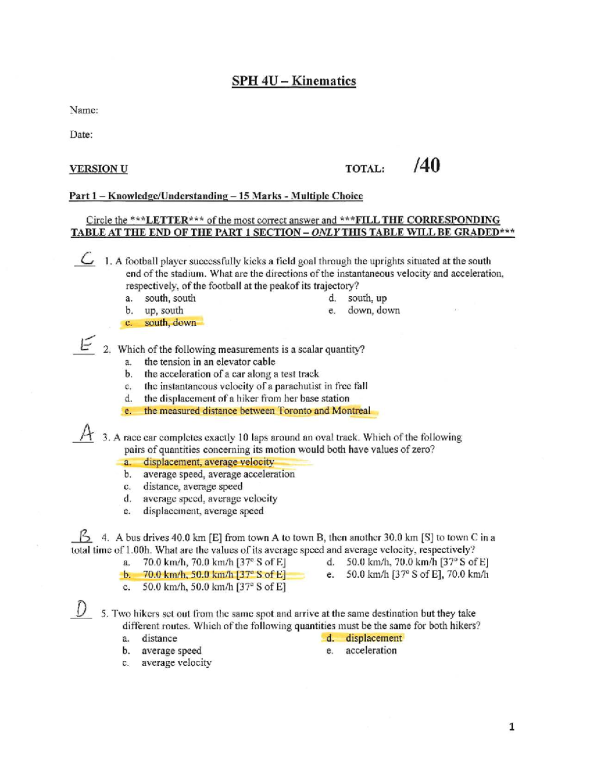 SPH 4U Kinematics Practice Test: Multiple Choice & Written Questions ...