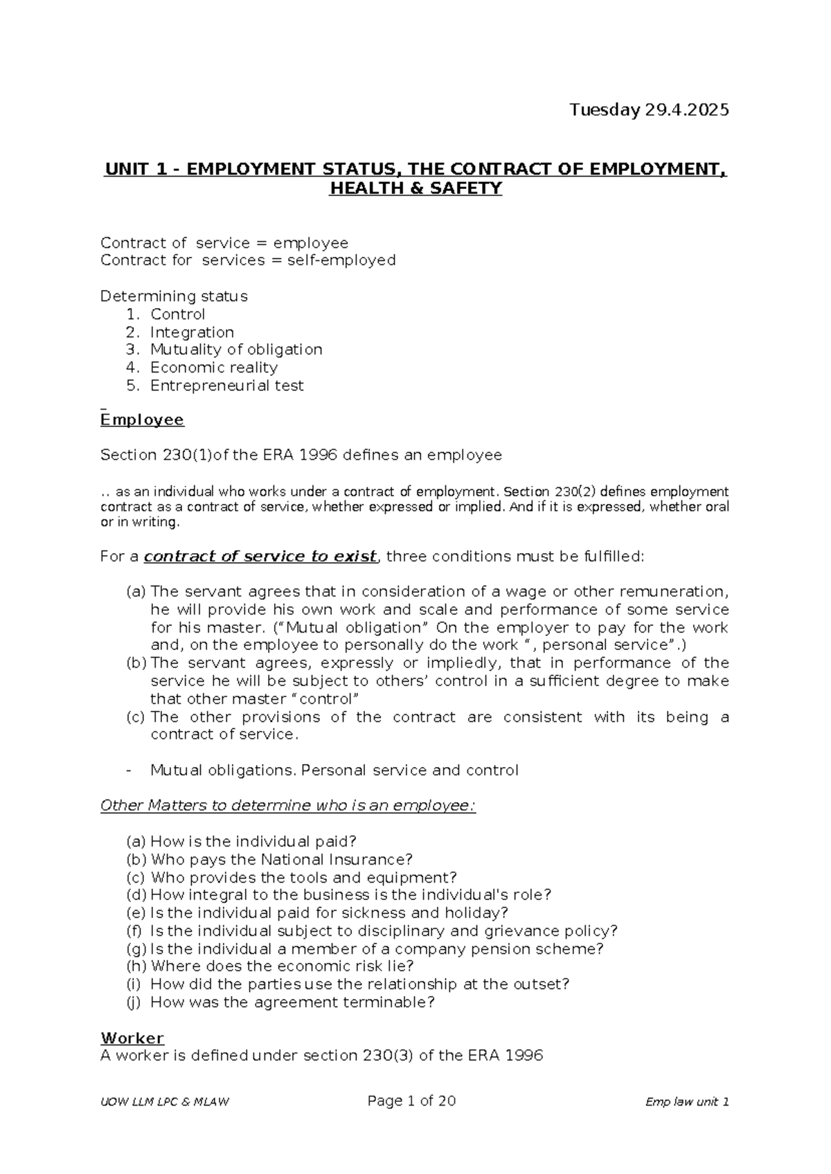 UOW LLM LPC MLAW Employment Status & Health Safety - Unit 1 Notes - Studocu